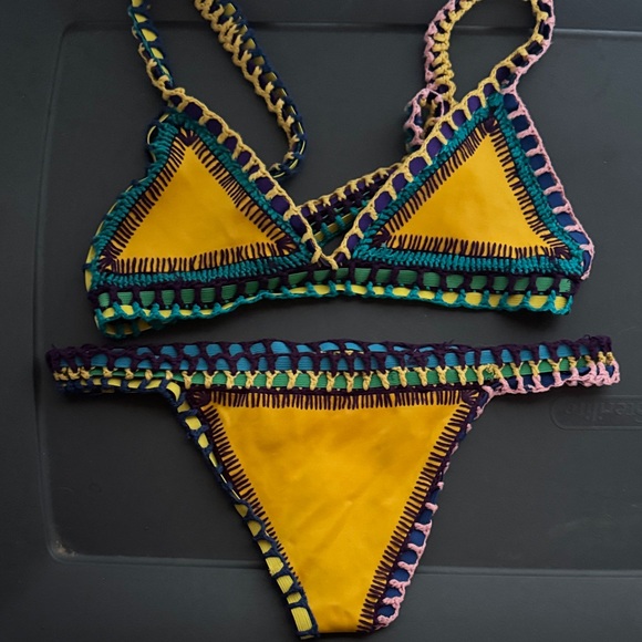 KIINI | Swim | Kiini Yellow Bikini With Blue And Pink Crochet | Poshmark